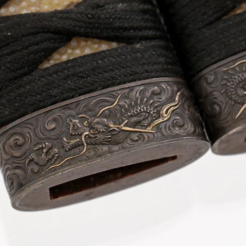 A lovely Shibuichi Dragon and shishi dog Daisho with koto katana and ...